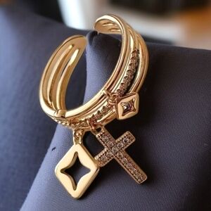 Jewelry | Gold Cross Star Clover Zircon Crystal Charm Dangle Ring ...